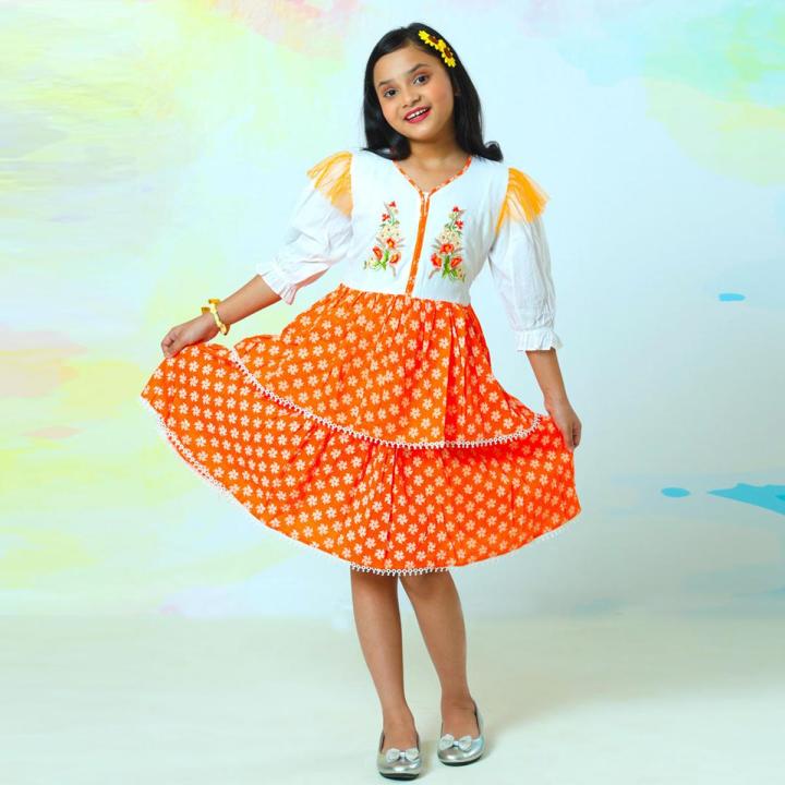 SHOISHOB BANGLADESH White & Orange Comb Screen Printed & Embroidered ...