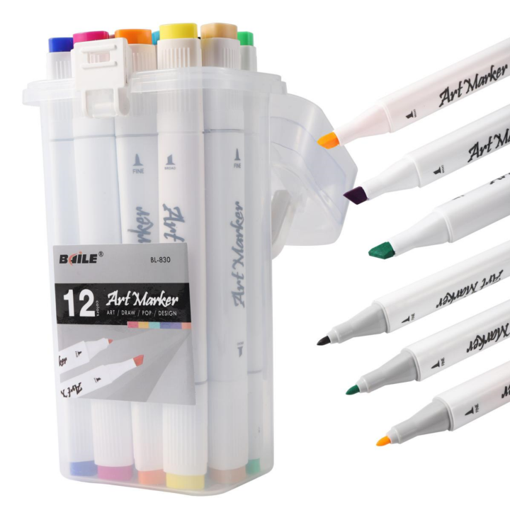 Baile Art Marker Pen Flat/Thick Tip 12, 24, Colours Box for Artists ...