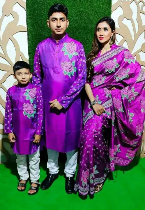 Block Print Family Set Purple Color Shari and Panjabi for Father Mother ...