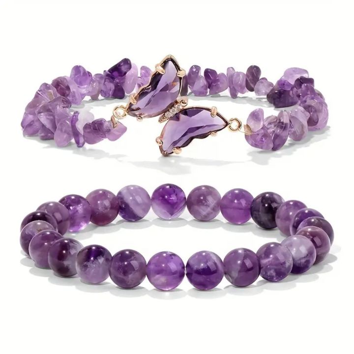 [ New ]2 Butterfly Amethyst Natural Stone Bracelet Set Female High ...
