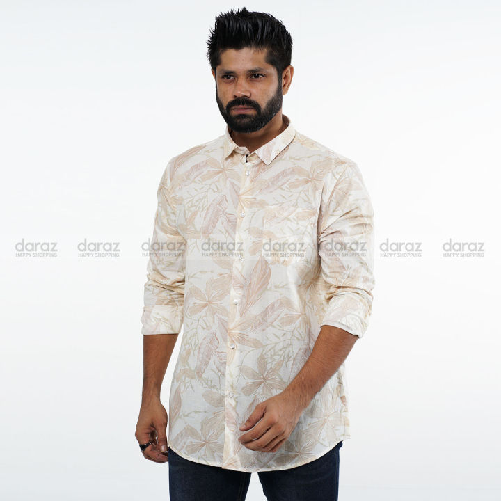 Adams Wear 100% cotton beige leaves printed casual shirt | Daraz.com.bd