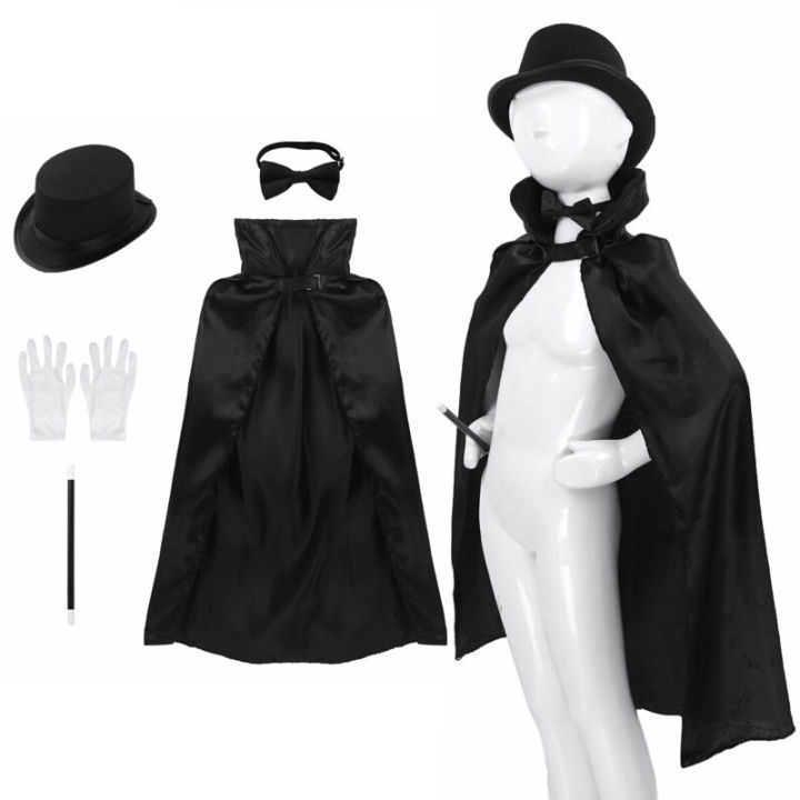 5Pcs Kids Magician Role Play Costume Outfit Cape Hat Magic Wand Gloves ...