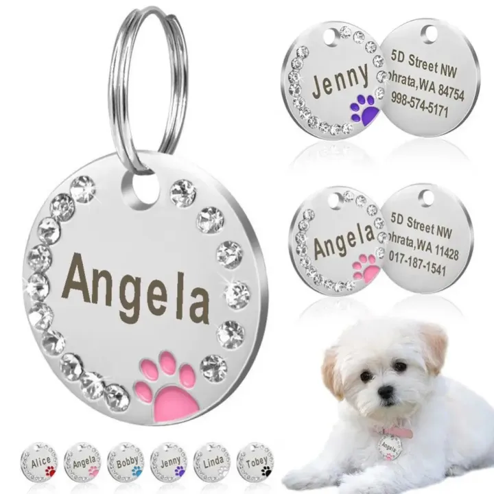 25mm Metal Blank Dog Tag Paw Rhinestone Pet Cat ID Name Engraved Key ...