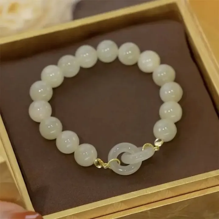 Vintage Heart Buckle Chalcedony Bead Bracelet Imitation Jade Fengshui ...