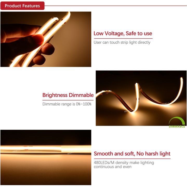 Flexible COB LED Strip Light 12V 24V 8mm 480 Cs/M High Density Tape Ribbon RA80 2700 3000K 4000K ...