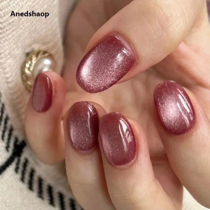 Anedshaop 24pcs Gem Purple Cat's Eye Nails Short Round Artificial ...