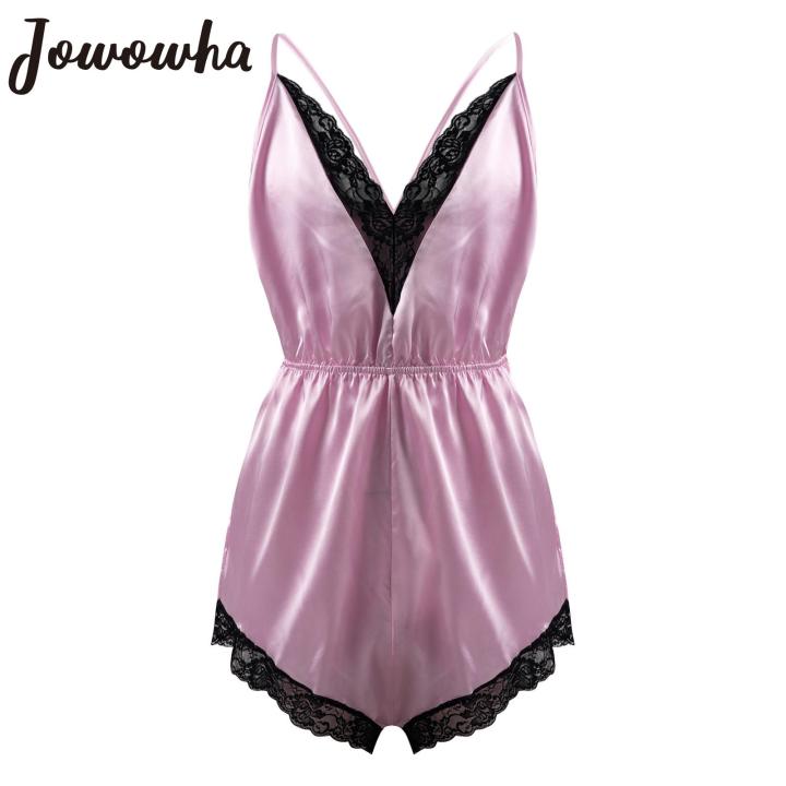 Mens Male Lace Silk Satin V-neck Pajamas Jumpsuit Adjustable Spaghetti ...