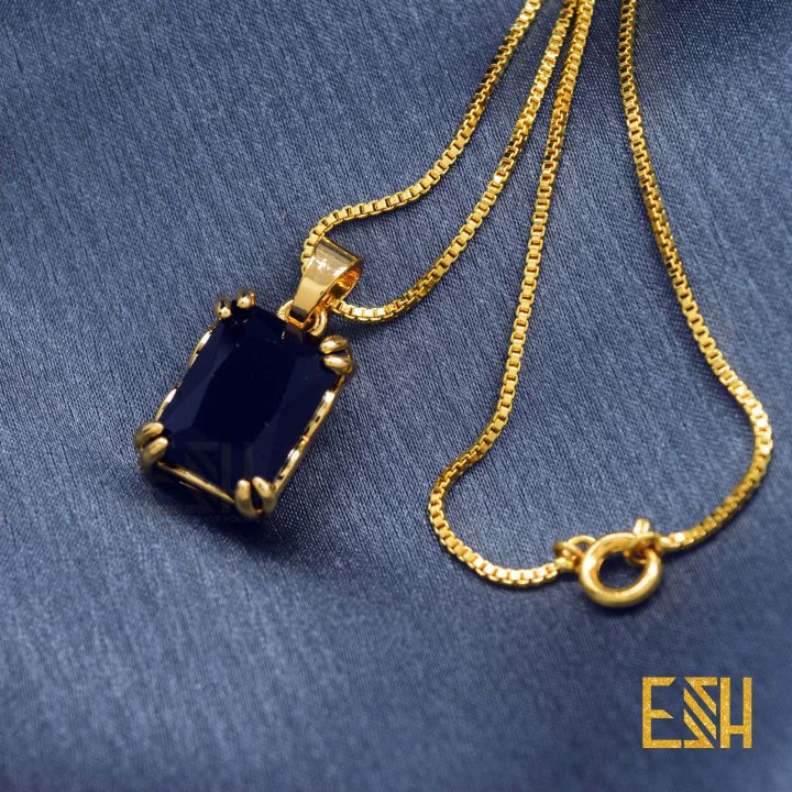 22KT gold plated 01mm chain with Cubic zirconia rectangle Black stone ...