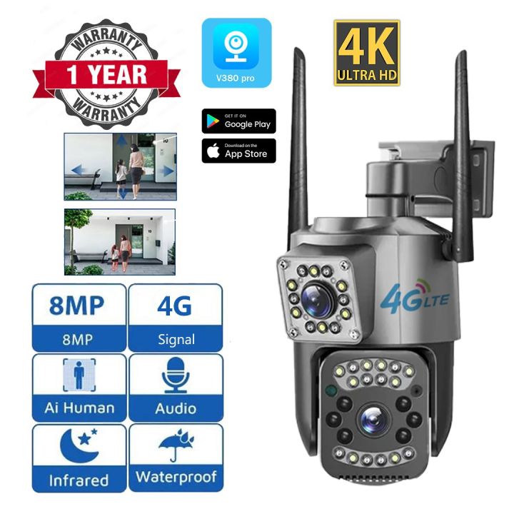4G Sim Camera SIM Card 4K 8MP Dual Lens WIFI IP Camera Outdoor IP66 Waterproof AI Human Track ...