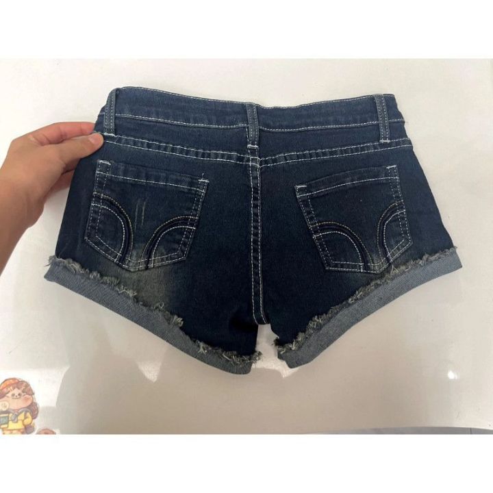 American Retro Dark Low Waist Flanging and Crimping Edges Stretch Denim ...