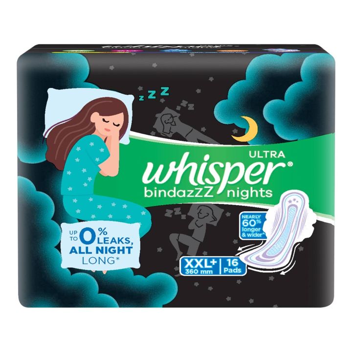 WHISPER BINDAZZZ NIGHTS SANITARY PADS, 16 XXL+ PADS, UPTO 0% LEAKS ALL ...