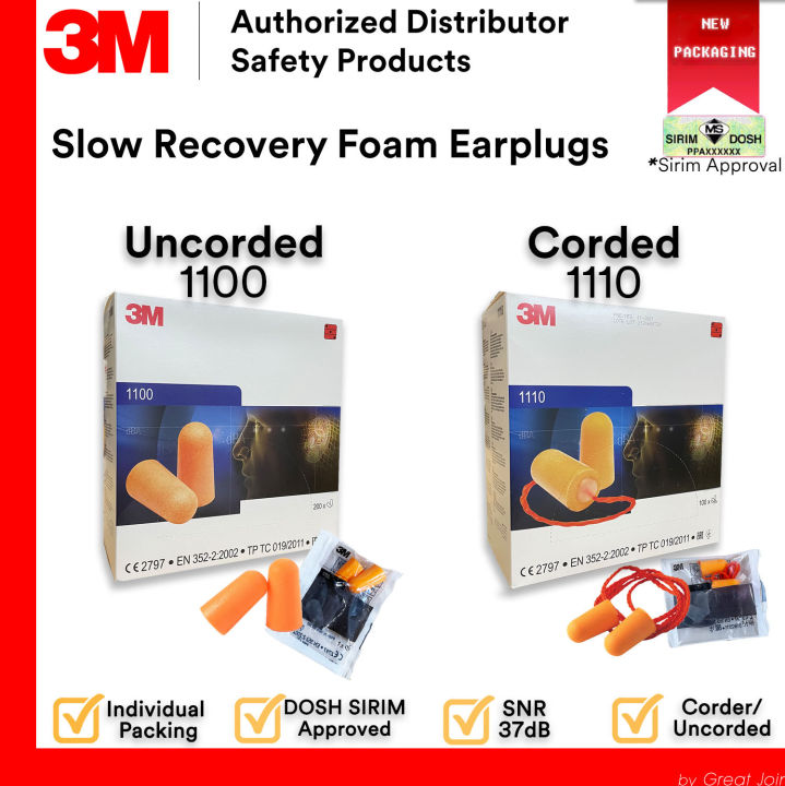 3M 1100 1110 Soft Foam Earplugs SNR 37 dB/ DOSH SIRIM Approved / Corded ...