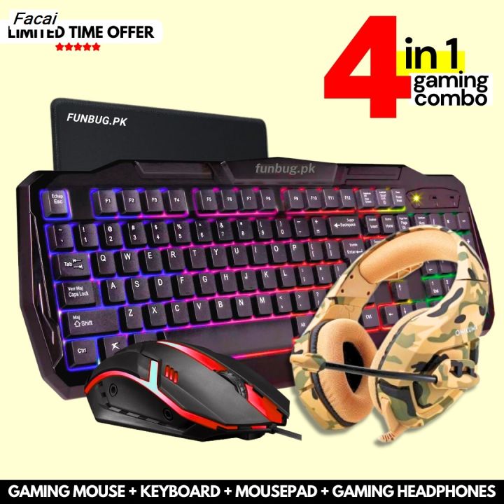 Facai New style FunBug Ultimate 4in1 Gaming Setup! Mechanical Feeling RGB Gaming Keyboard and ...
