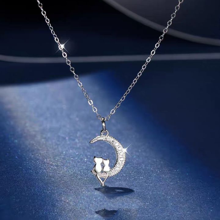 【Mega Sale】Pure White Copper Unfading Moon Cat Wish Necklace Female ...