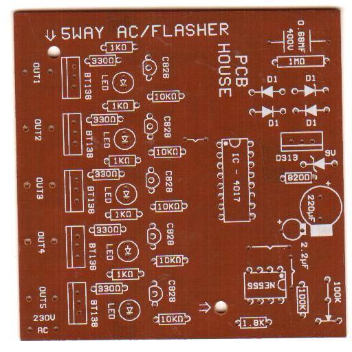 5 Way AC Flasher Using 555 and CD 4017 + BT 138 Triac PCB Board Only ...