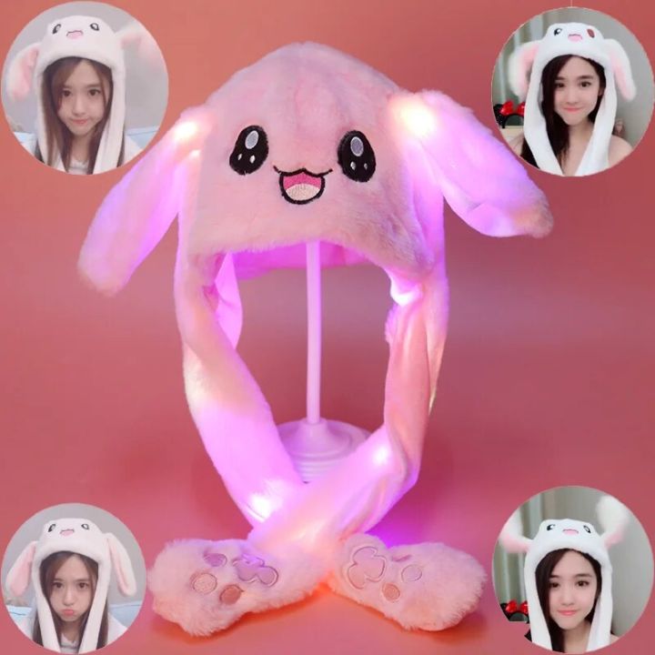Luminescent Rabbit Women's Hat Beanies Plush Can Moving Bunny Ears Hat with Earflaps Movable ...