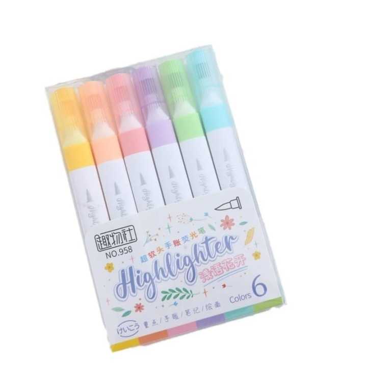 6 Color Highlighter Pen Set - Soft Brush Pastel Color Fluorescent ...