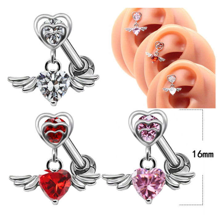 1Pc 1.2mm Elegant Pink CZ Zircon Angel Wings Heart Helix Piercing Daith ...