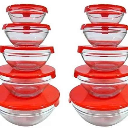 Red Glass Bowl Sets with Lids 5 Pcs Microwave Glass bowl Set Kitchen ...