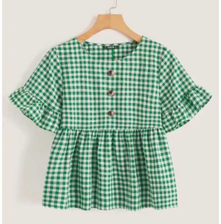Women’s Green Gingham Button Peplum Blouse – Casual Checkered Top ...