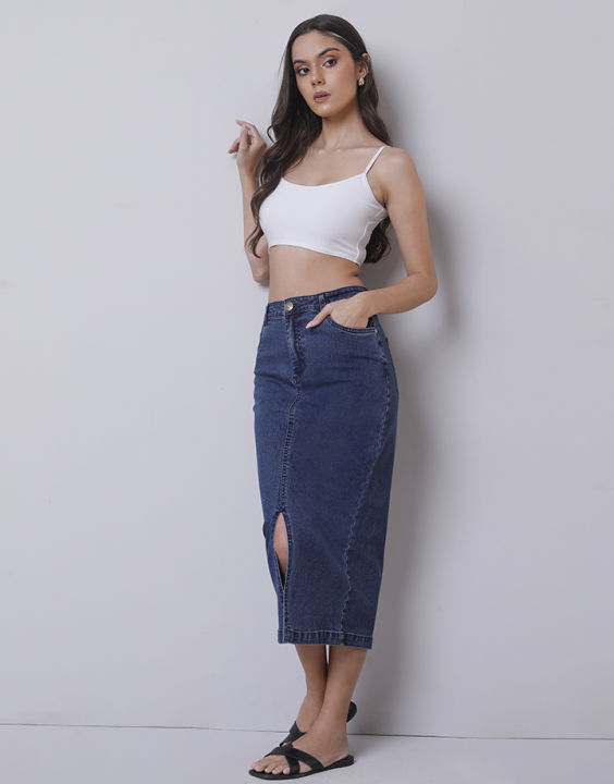 Spring & Summer Front Cut Denim Midi Skirt | Daraz.lk