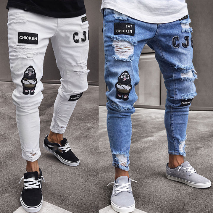 Foreign Trade New Zipper Jeans Men's Fashion Knee Ripped Zipper Foot ...