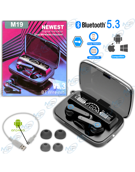 M19 Wireless Earbuds TWS 5.3 Large Screen Dual LED Digital Display ...