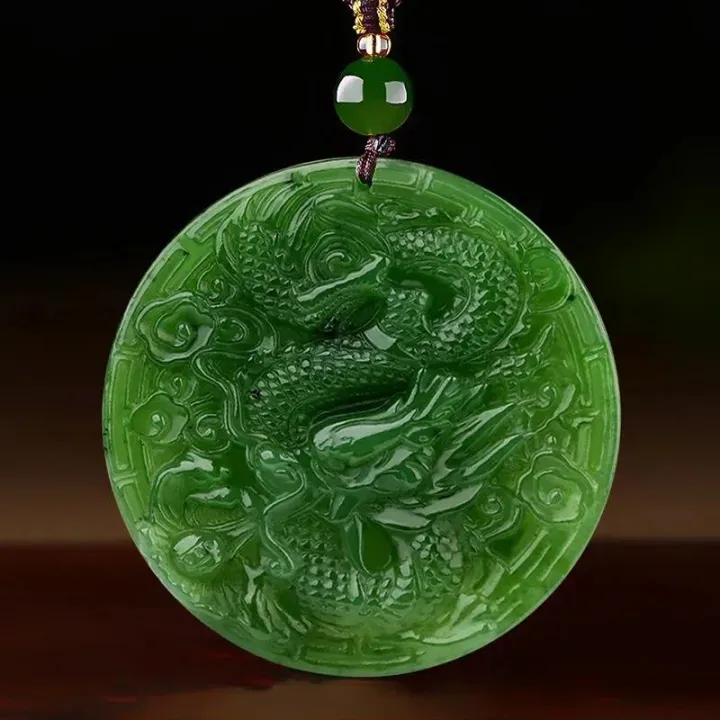 Natural Green Hetian Jade Stone Dragon Phoenix Pendant Necklace Carved ...
