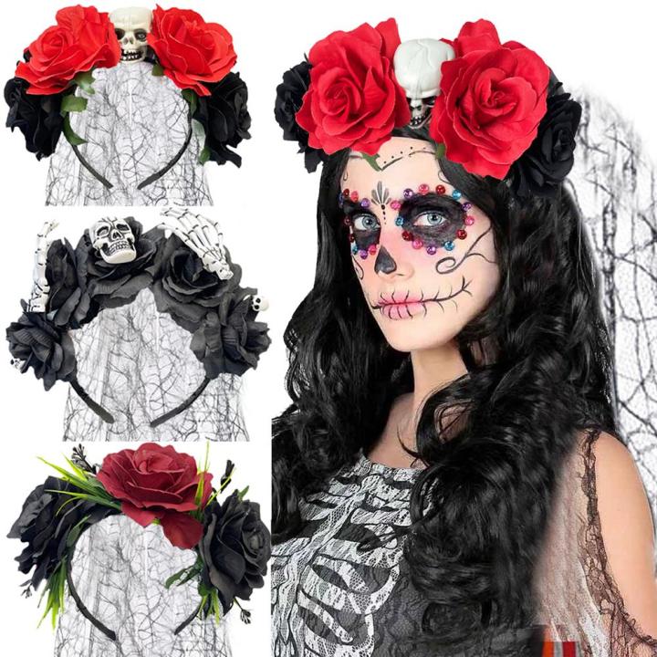 Funny Day of the Dead Flower Crown Headband Skull and Ghost Exaggerated ...