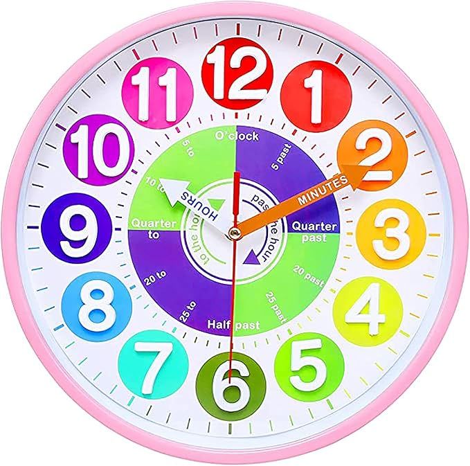 Colorful Wall Clock for Kids with Learning Features, Silent Non-Ticking ...