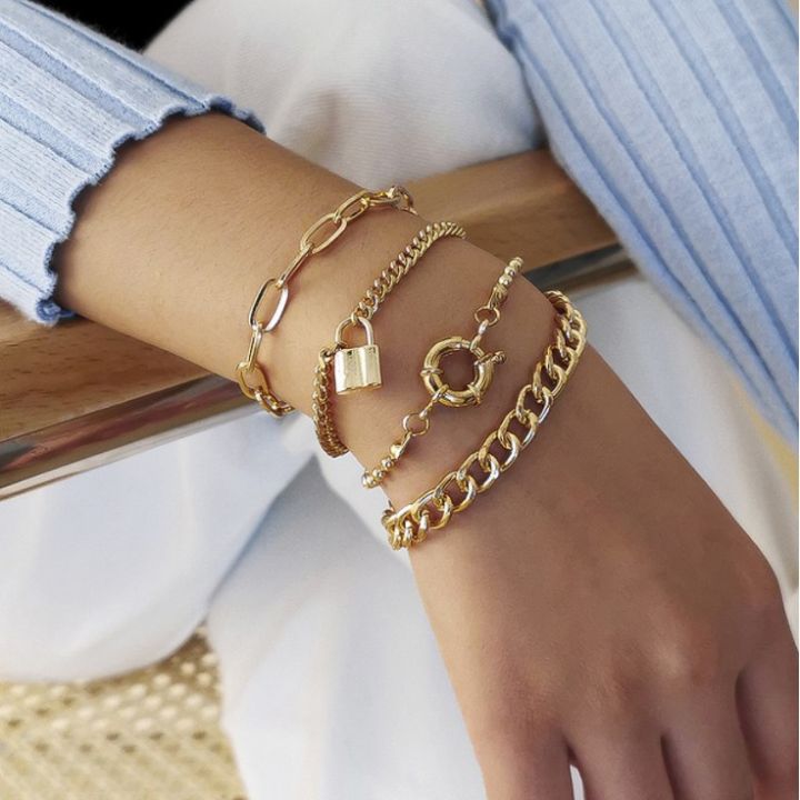 Punk Rock Chain Gold Silver Chain Lock Bracelet Bangle Women Jewelry ...