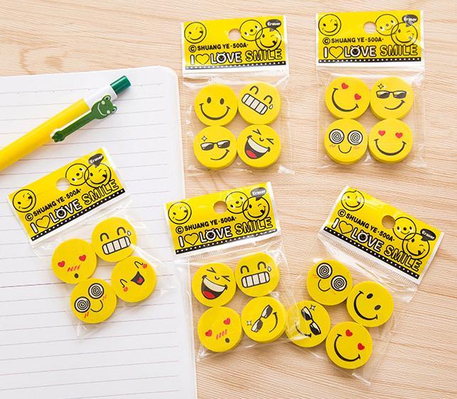 Smiling Face Emoji Eraser Pack of 4 Lovely Cute Erasers for kids 5 pcs ...