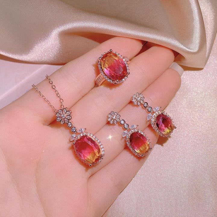 Jewelry set female New burnt ruby rings pendants necklace ear stud red ...
