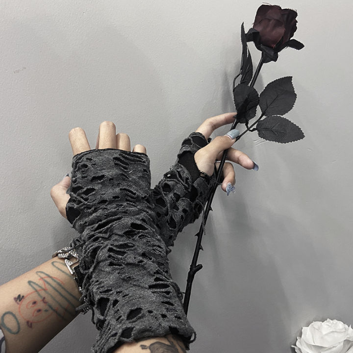 Punk Broken Slit Gothic Glove Fingerless Cuff Hole Mitten Cool Women ...