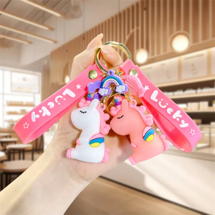 MINISO Cute Unicorn Keychain Cartoon Doll Rainbow Pony Pendant Couple ...