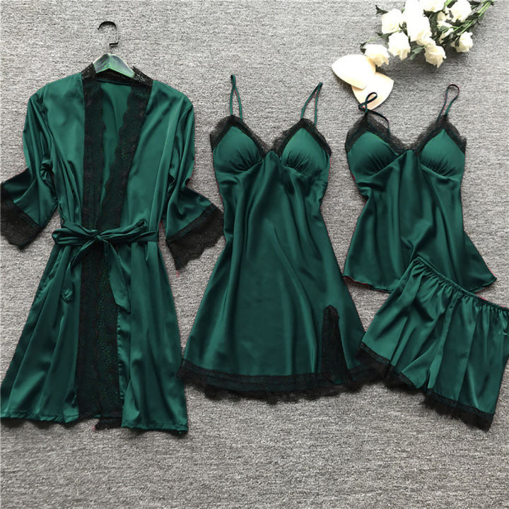 Sleepwear Silk Women Nightdress Lace Dress Robe Pajamas Set Satin ...