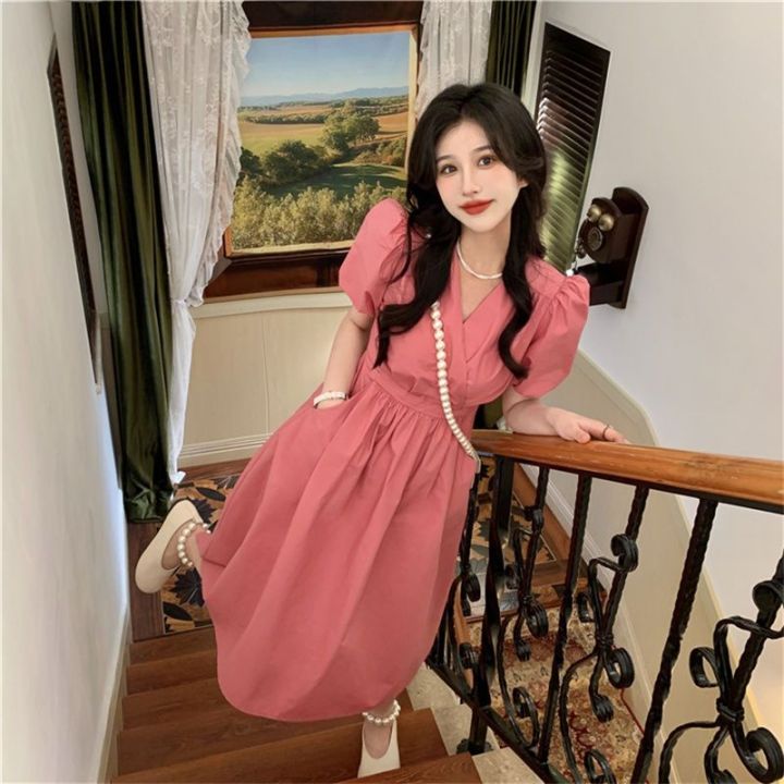 Summer Retro Waist-ControlledAWomen's Raspberry-Colored Dress with ...