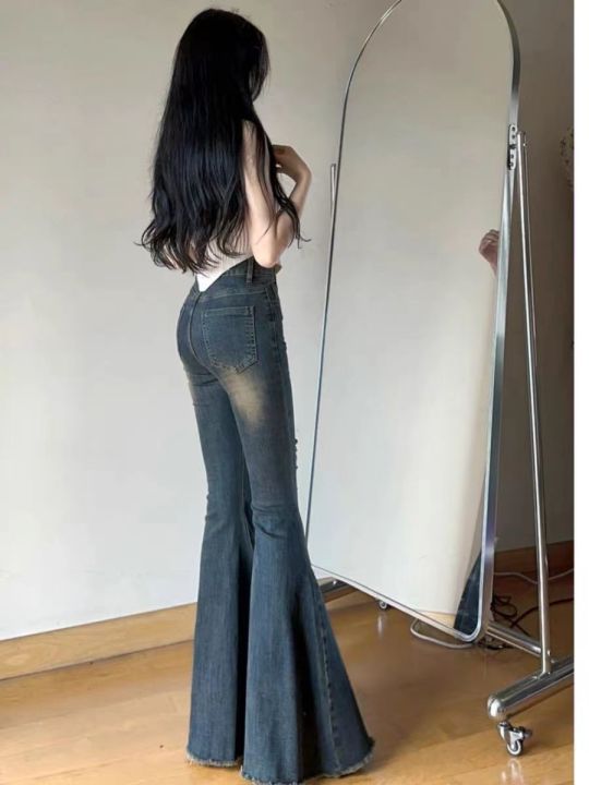 Retro Tattered Jeans Thin Big Horn Elastic Thin Jeans for Women High ...