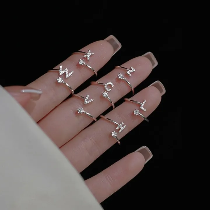 Zircon A-Z Letter Adjustable Opening Rings Gold Silver Color Women Men ...