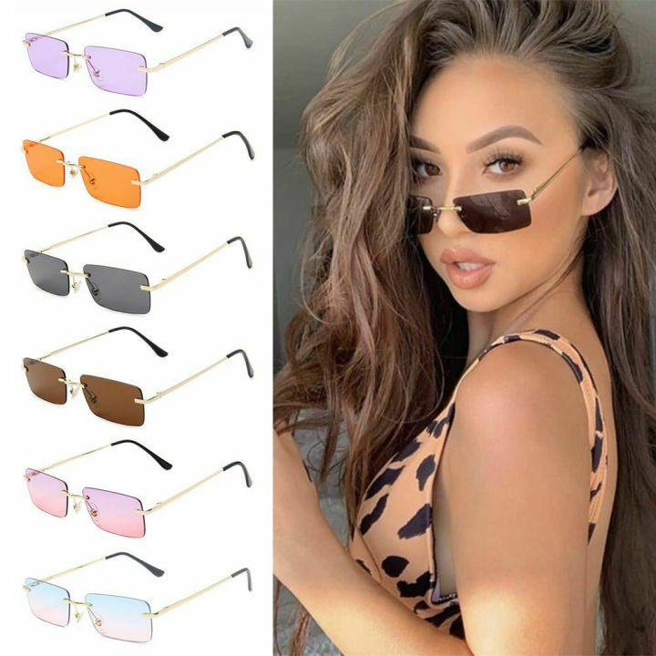 Small Women Vintage Sunglasses Rectangle Rimless Sun Glasses Gradient ...