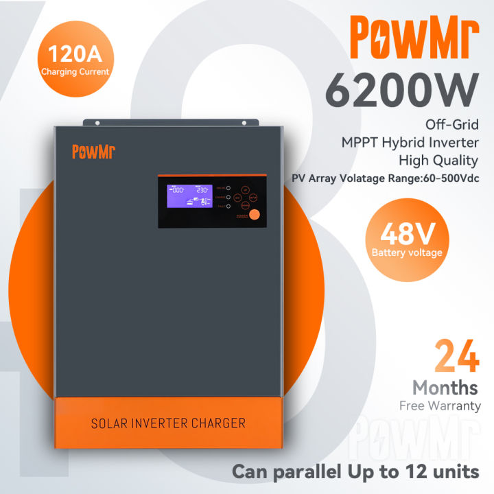 PowMr 6.2KW Hybrid Solar Inverter 500Vdc Supports 48V Lifepo4 Battery Can Parallel Up to 12 Unit ...