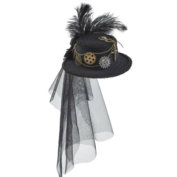 Steampunk Mini Top Hat Gear Chain Feather Cosplay Mini Hat With Veil ...