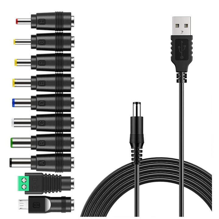 USB To DC Power Cable with 10 Interchangeable Plug Connectors Adapter ...