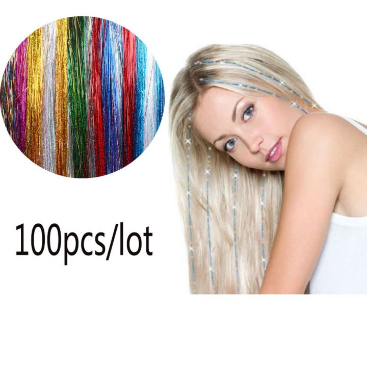 100 Strands Girls Sparkly Synthetic Hair Hair Tinsel Glitter Rainbow ...