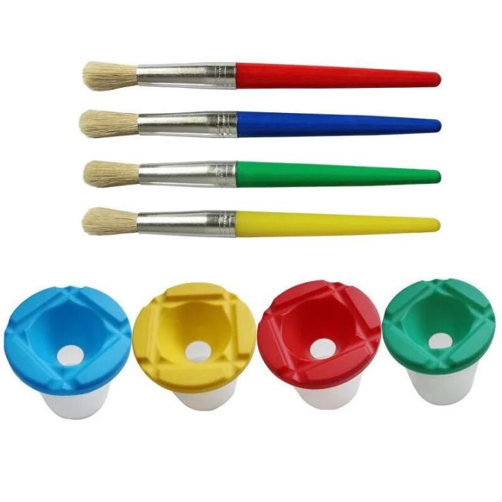 4 s Kids DIY Hog Bristle Artist Brush with 4 s Wash Pot Set Plastic ...