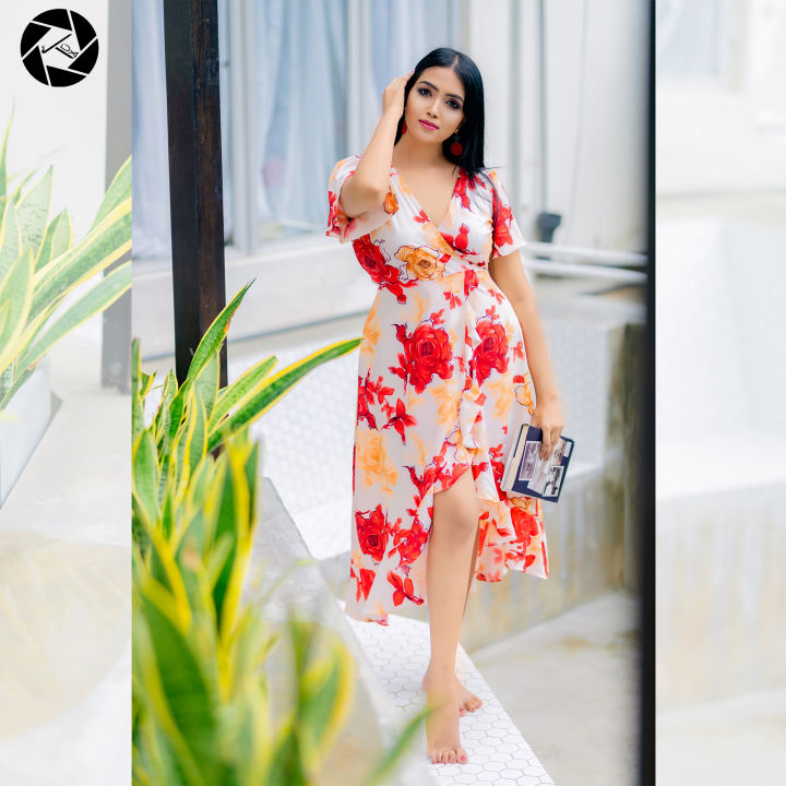 Flutter Sleeve Wrap Around Floral Melina Dress KDA | Daraz.lk