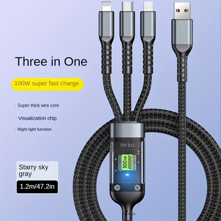 100W 3-in-1 Fast Charging Cable | Nylon Universal Multi Charger | USB ...