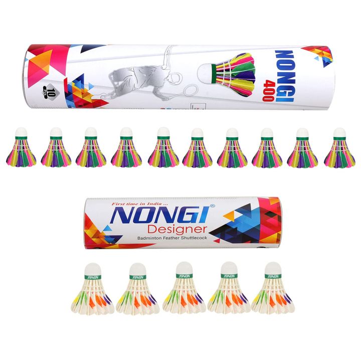 NONGI Combo Shuttle Pack of 15 Shuttlecocks 400 (10 Colored Feather ...