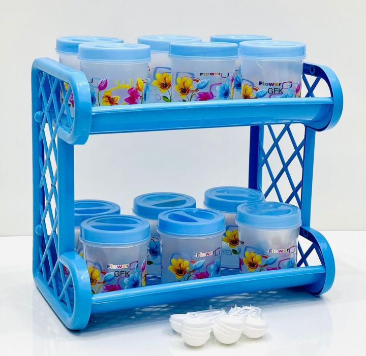 Multi-Purpose 2 Layers Rack With 12 Pcs Printed Spices Containers ...