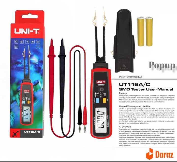 UNI-T UT116C SMD Tester 36V Voltage Battery Measurement Rotable Tweezer ...